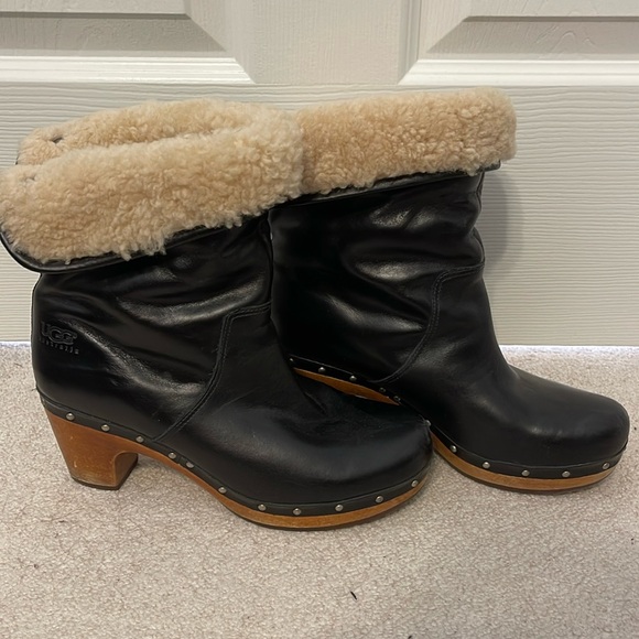 UGG | Shoes | Ugg Womens Lynnea Boot Roll Top Black Leather Heels Boots ...